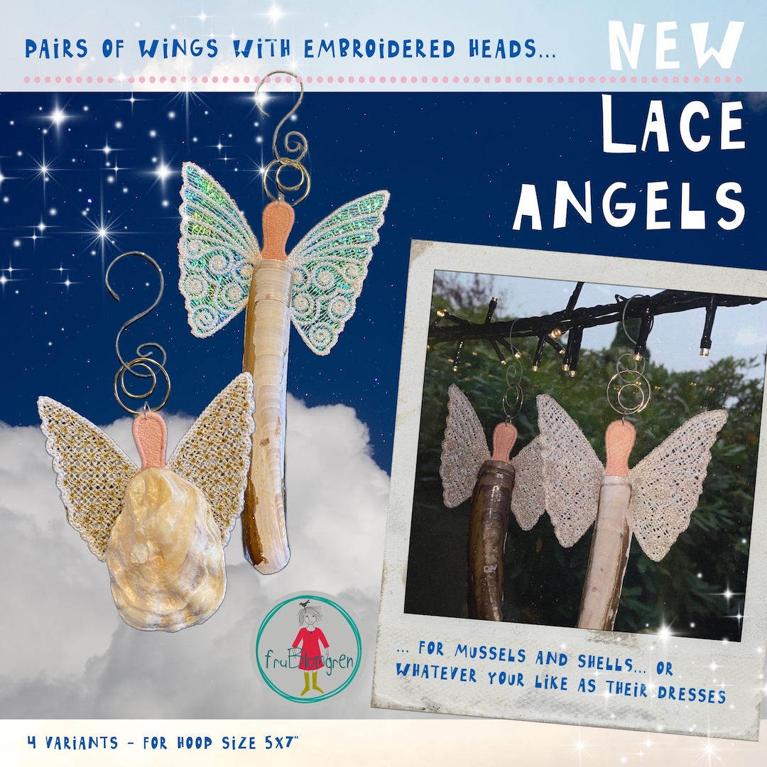 New Freestanding Lace Angel Wings With Embroidered Heads - for Mussels ...