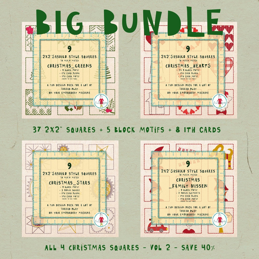 BIG Christmas Bundle VOL 2 – 2x2” Sashiko Style Squares – 4 Design ...
