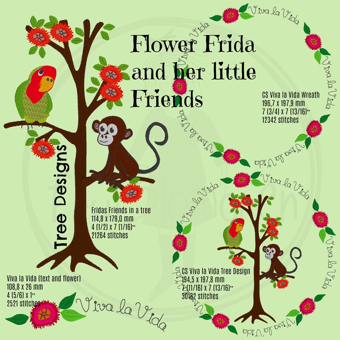 4 Cute and Detailed Motifs of Little Parrot and Monkey in a Blooming ...