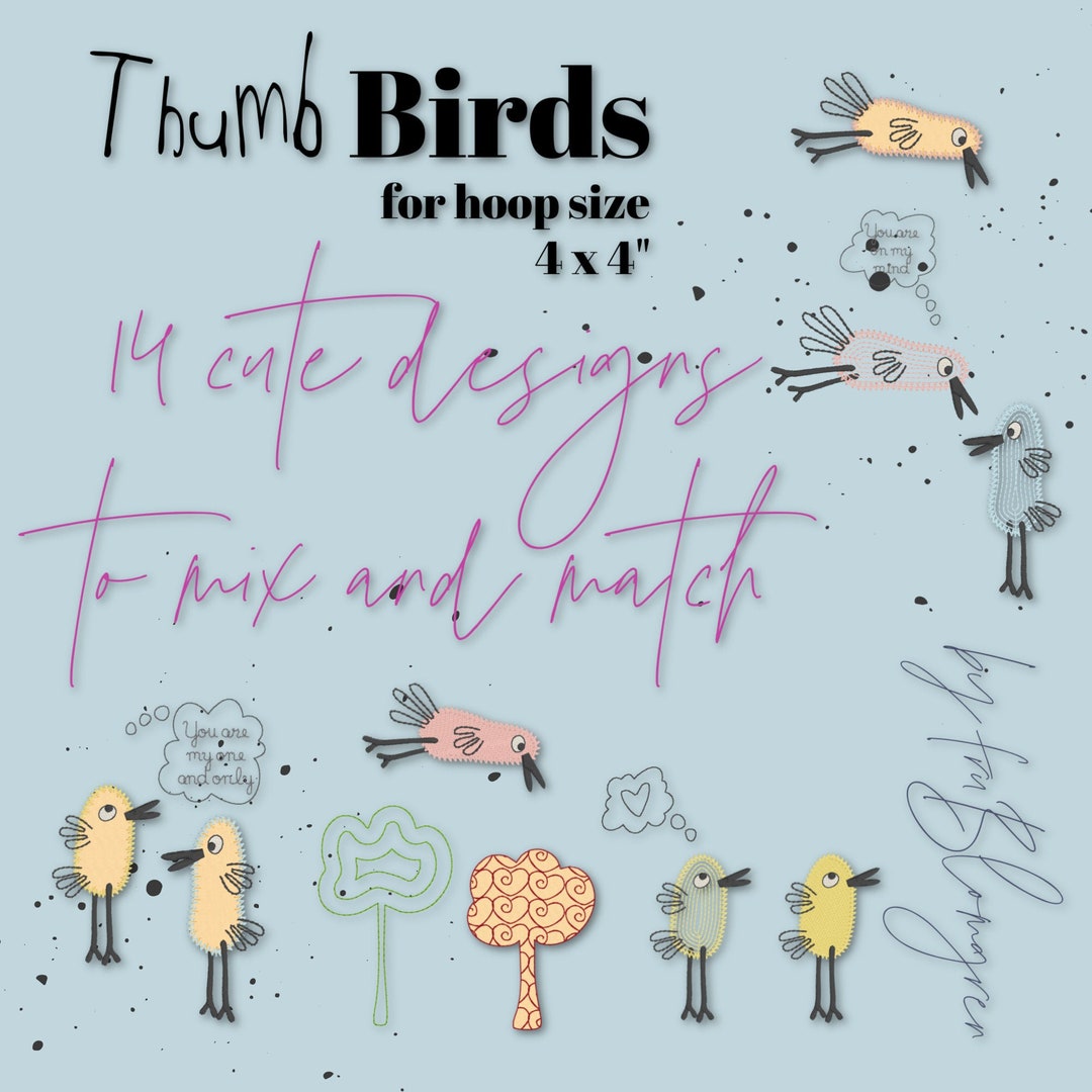 My Quirky Thumb Birds - 14 Small Machine Embroidery Designs for Hoop ...