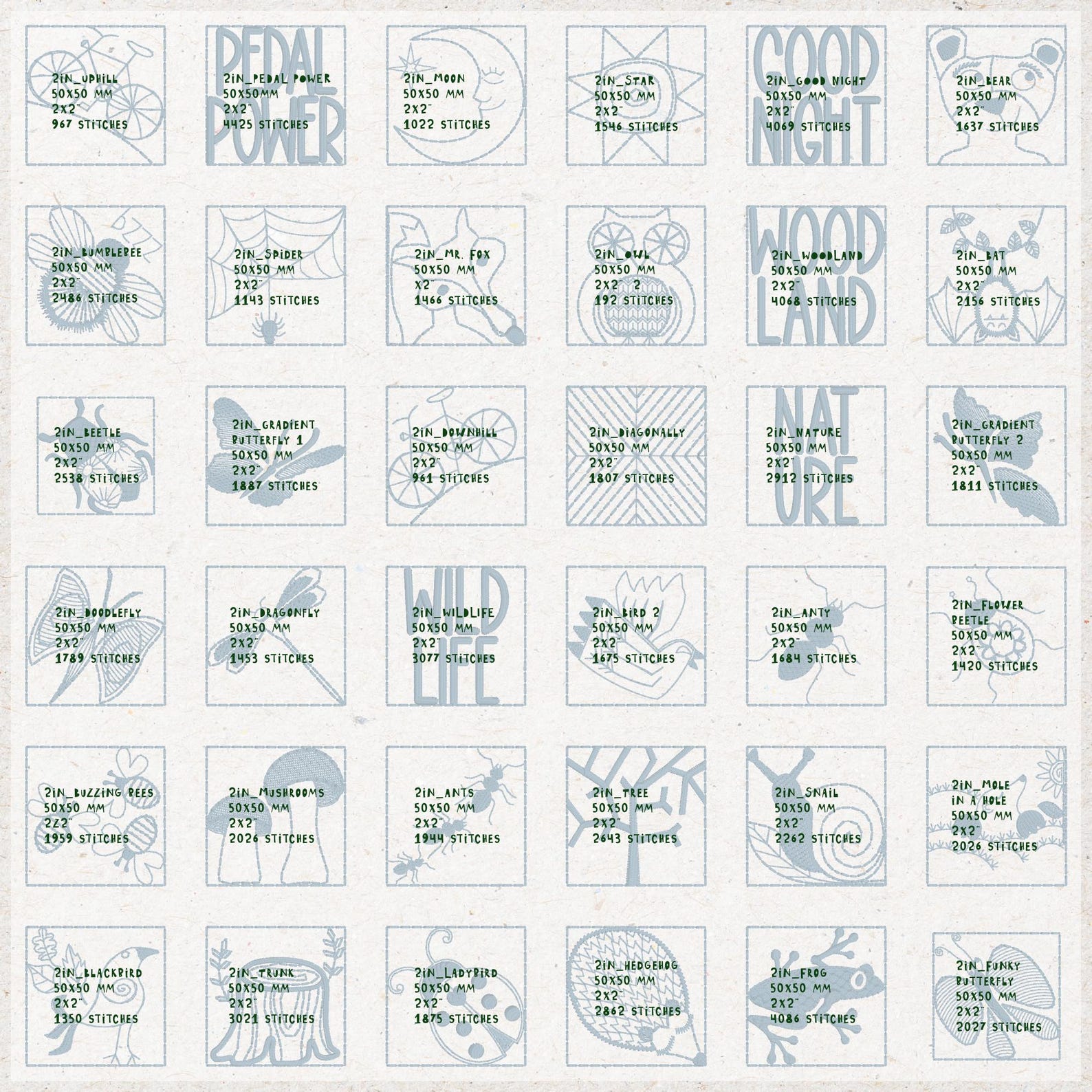 FAUNA Themed Sashiko Style Squares – 36 Hand Drawn 2x2" Designs + 7 ...