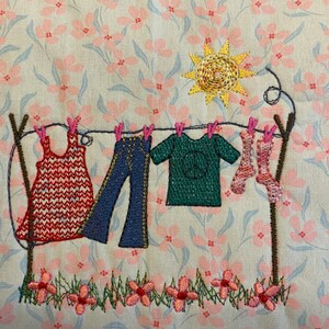 Machine Embroidery Clotheslines With Hand Drawn Garments Blowing in the ...