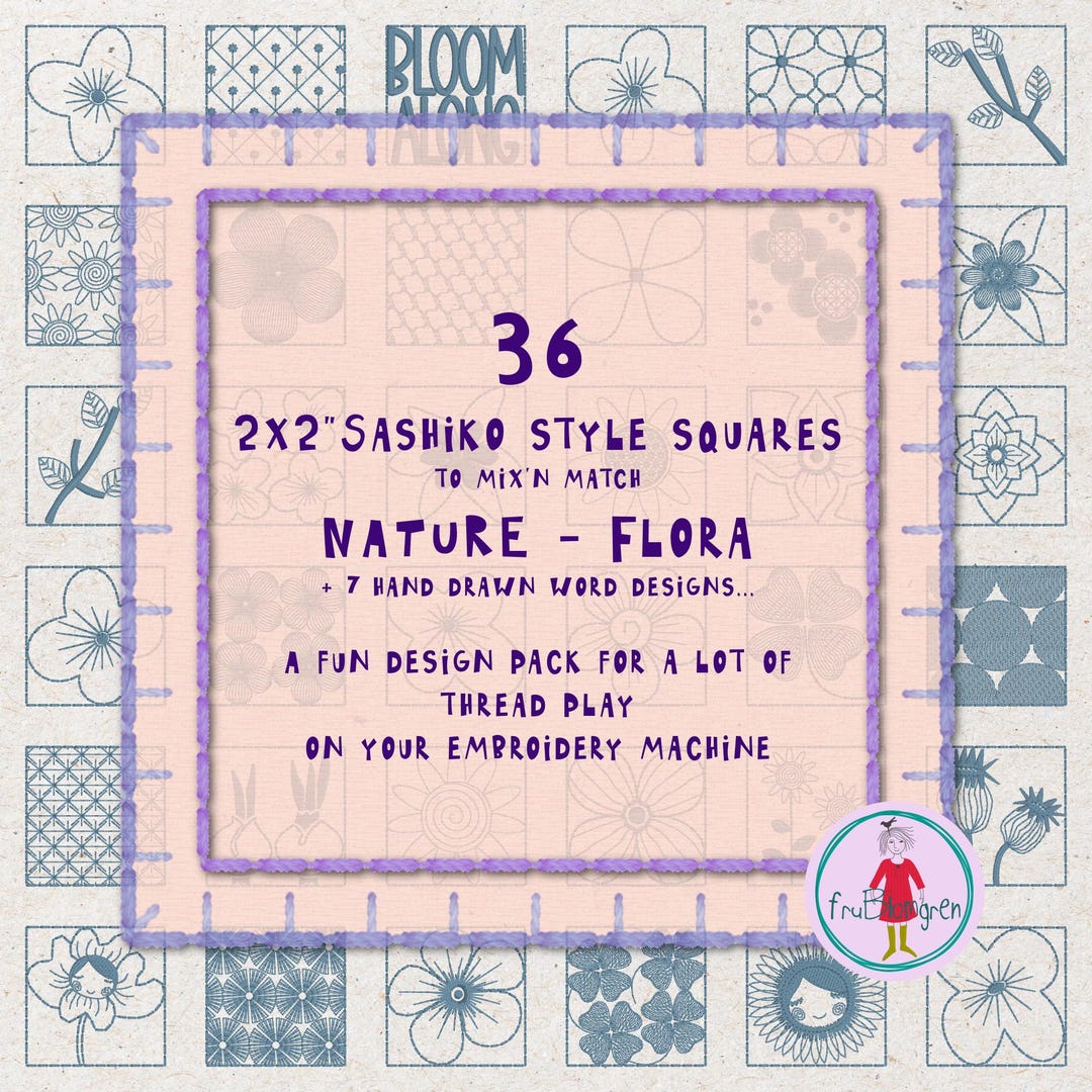 FLORA Themed Sashiko Style Squares – 36 Hand Drawn 2x2" Designs + 7 ...