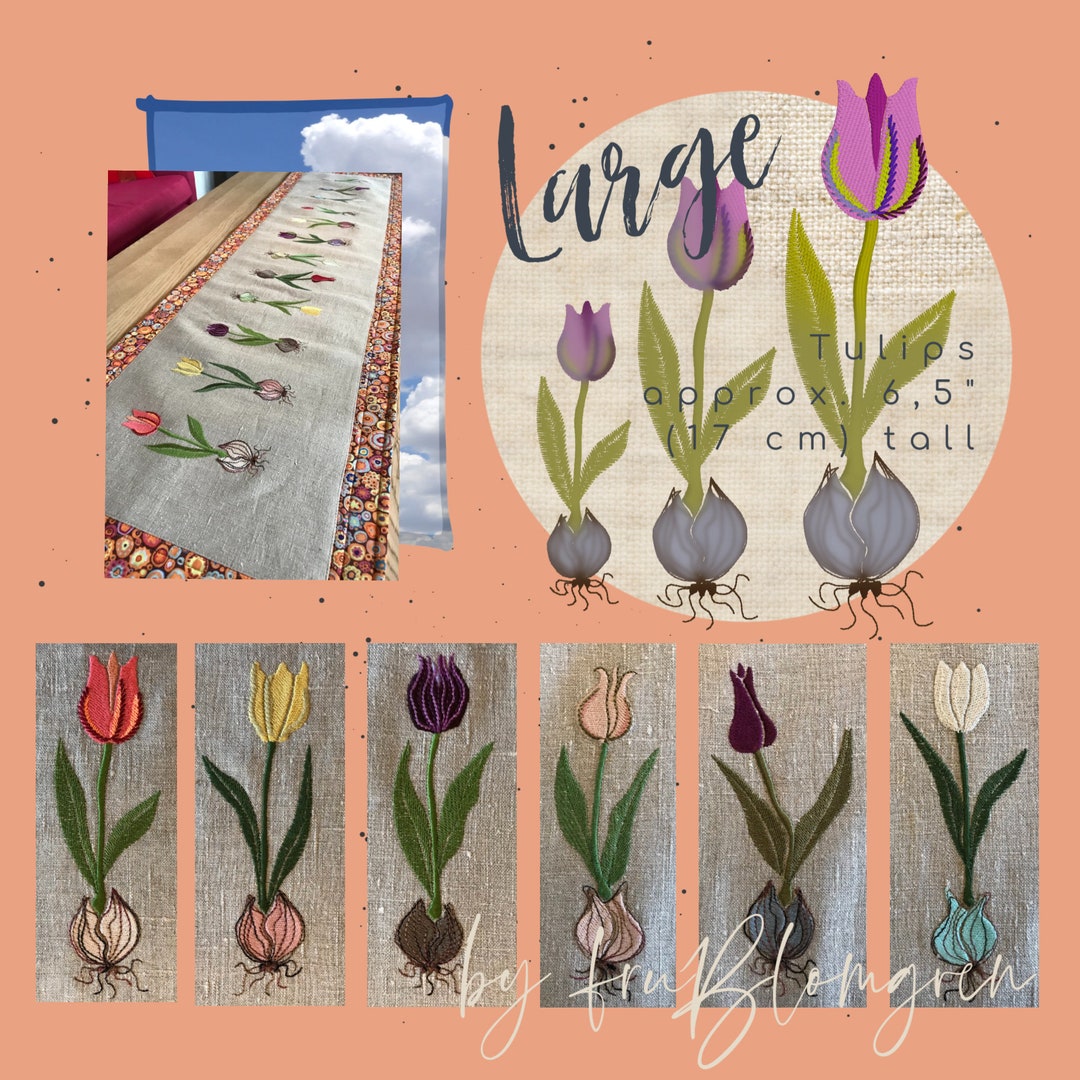 LARGE EMBROIDERY TULIPS - 6 Hand Drawn and Detailed Machine Embroidery ...