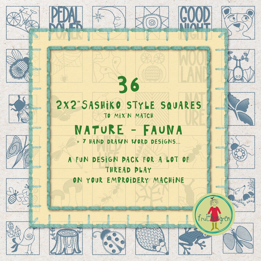 FAUNA Themed Sashiko Style Squares – 36 Hand Drawn 2x2" Designs + 7 ...