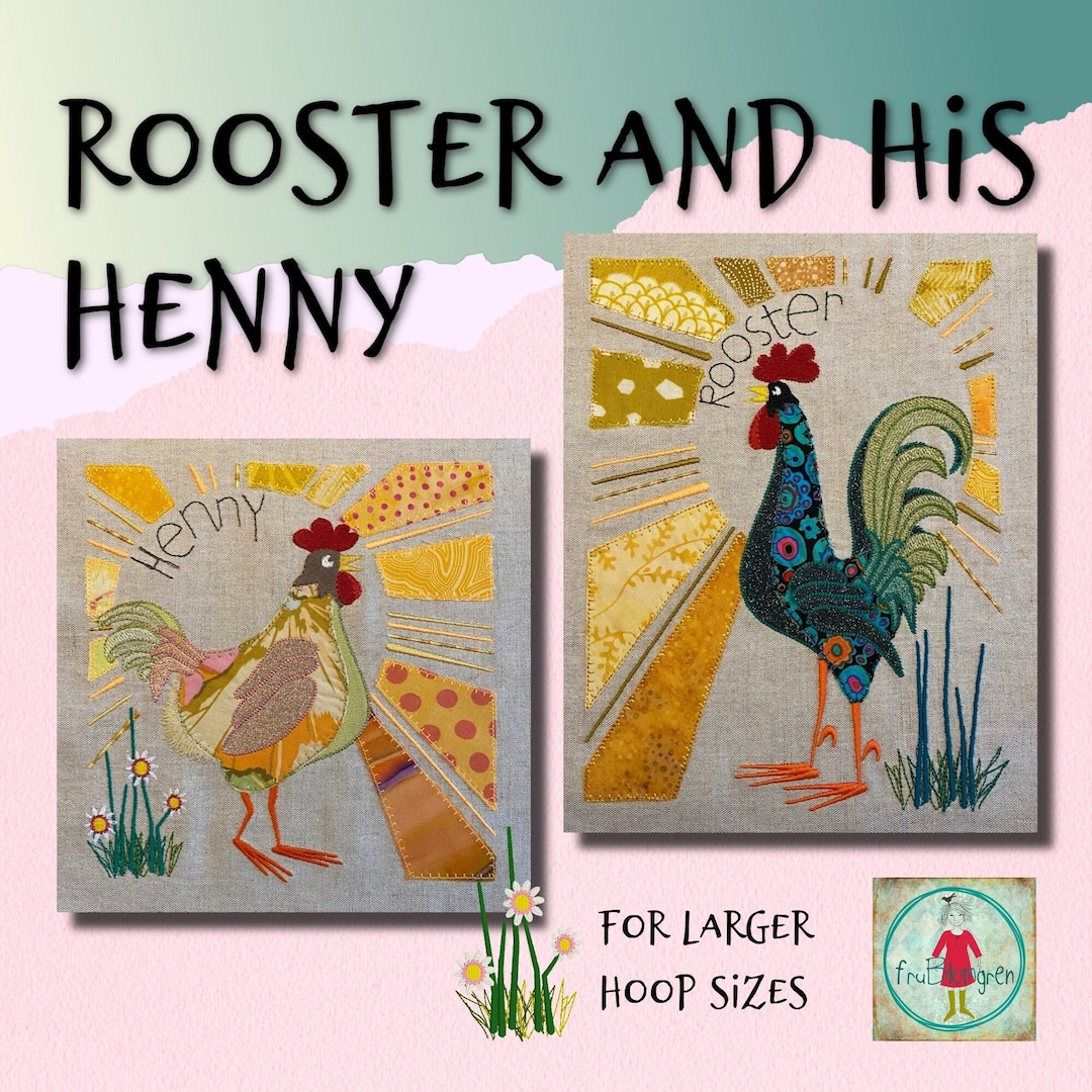 ROOSTER and His HENNY - for Larger Hoops - Detailed, Hand Drawn ...