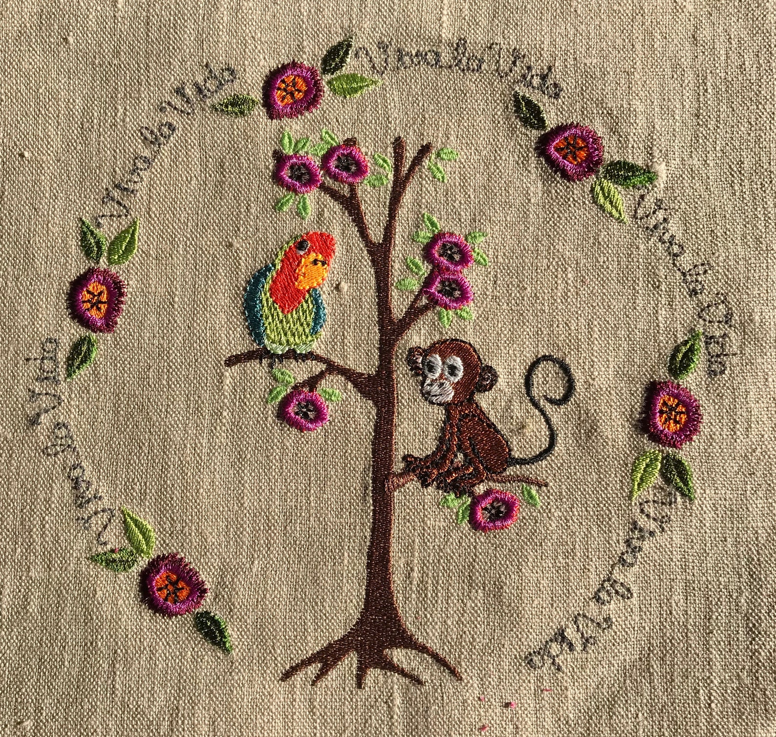 4 Cute and Detailed Motifs of Little Parrot and Monkey in a Blooming ...