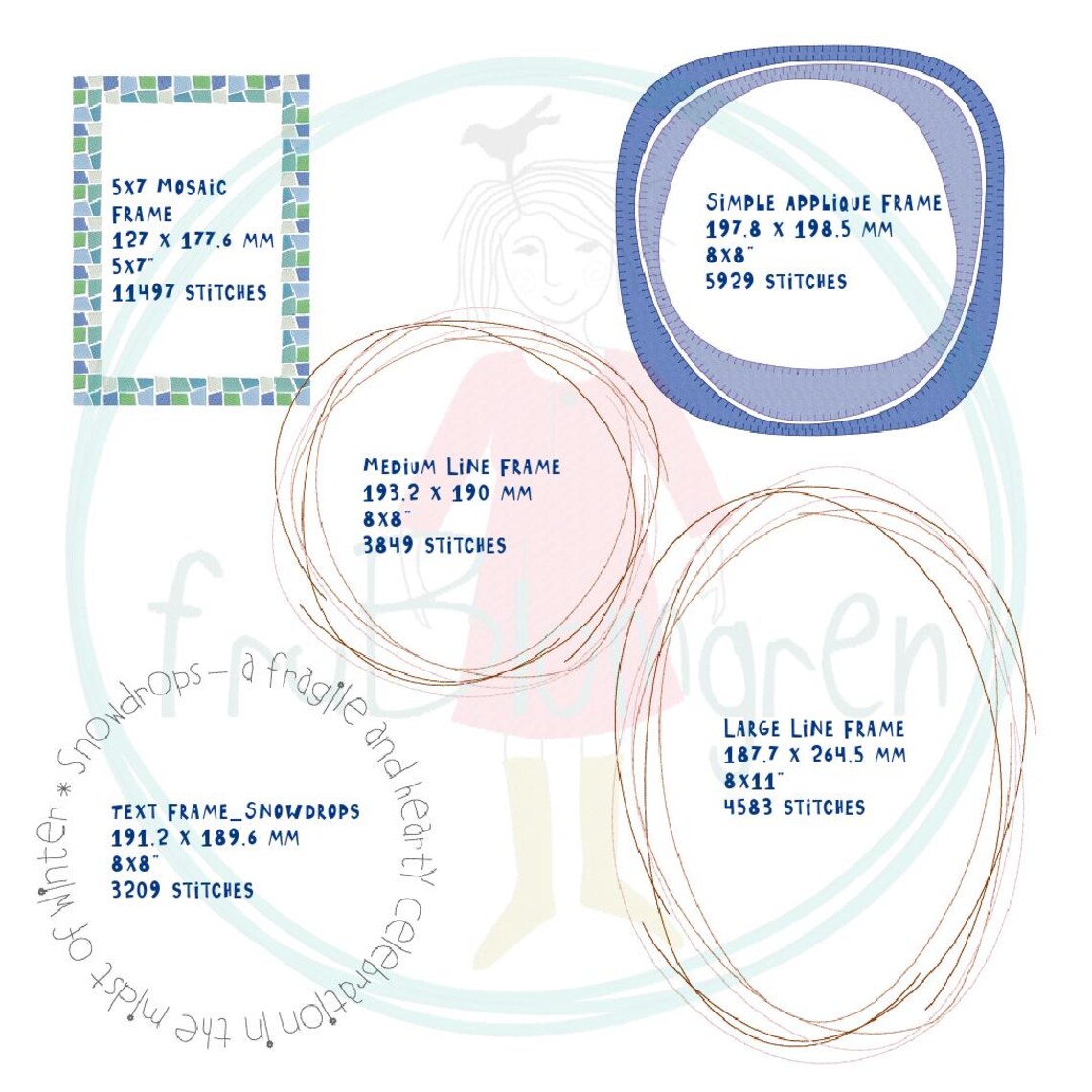 5 Hand-drawn Machine Embroidery Frames – Versatile Blank Frames for ...