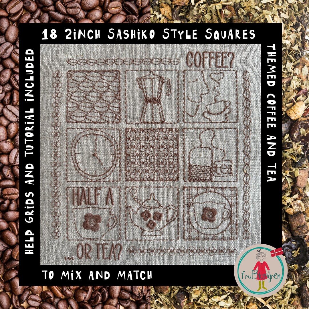 Coffee or Tea? – 18 Sashiko Style Squares – 2x2" Machine Embroidery ...