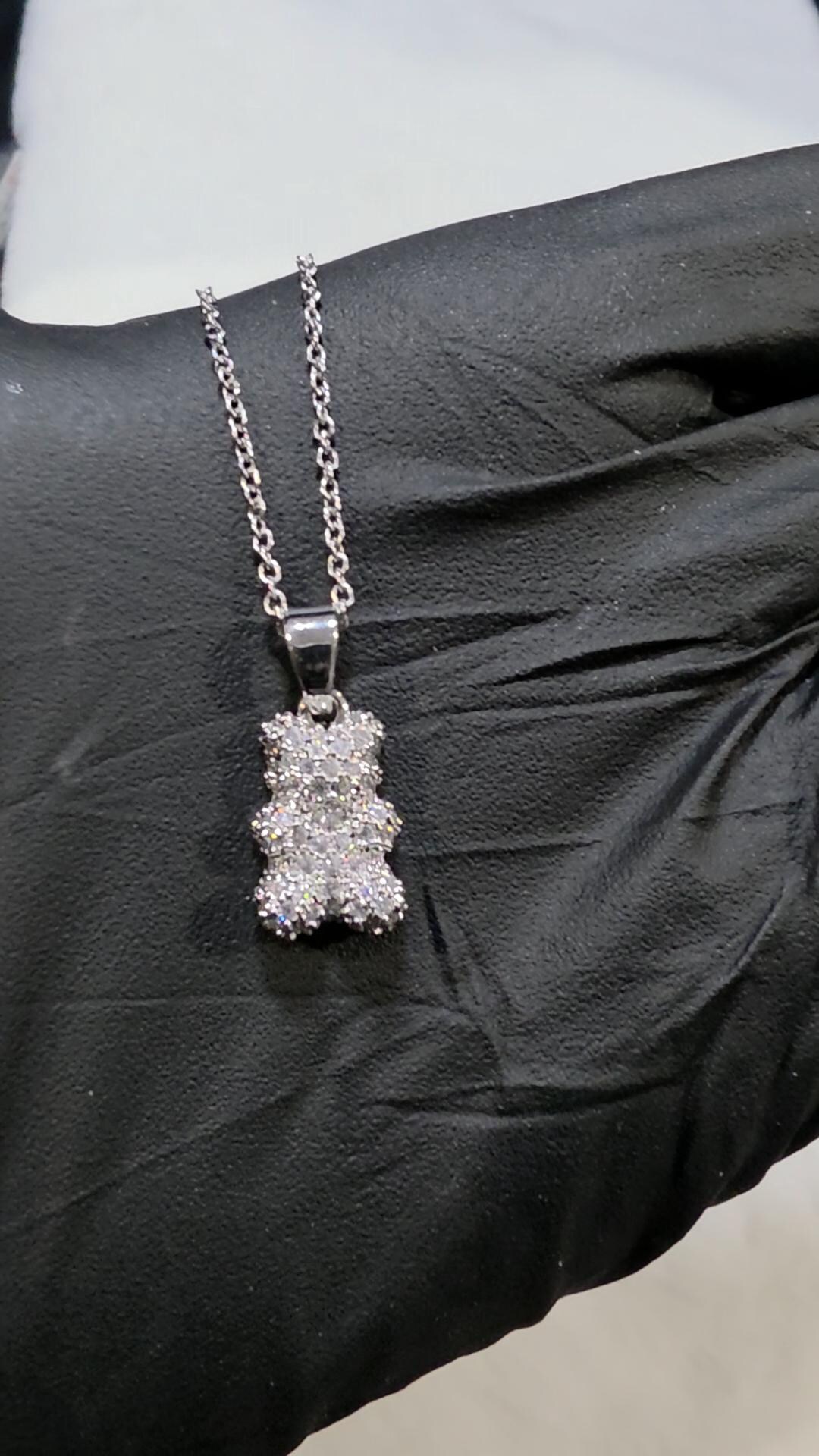 CZ Bear Pendant Necklace | Silver Over Stainless Steel | Adjustable 16 ...