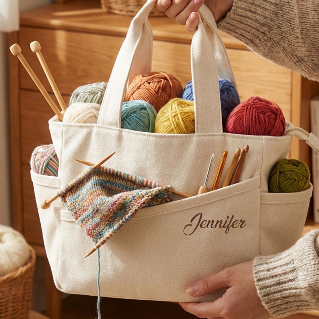Personalized Canvas Knitting Bag - Custom Embroidered Yarn Storage ...