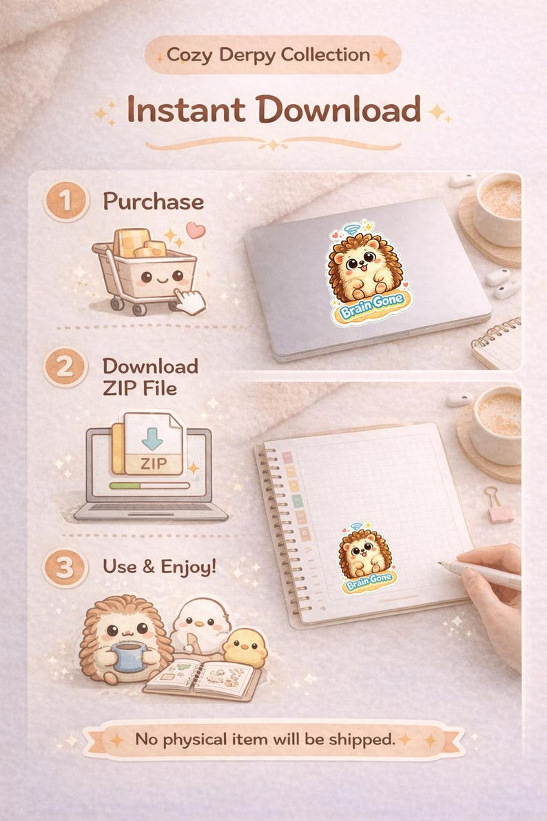 Derpy Hedgehog Digital Sticker PNG – “brain Gone” Cozy Kawaii Planner ...