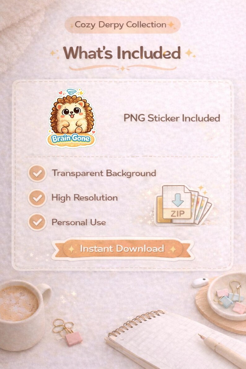 Derpy Hedgehog Digital Sticker PNG – “brain Gone” Cozy Kawaii Planner ...