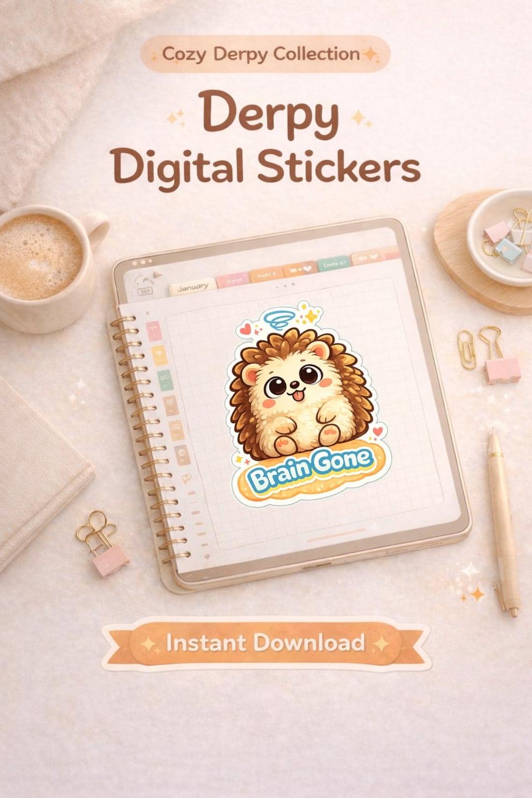 Derpy Hedgehog Digital Sticker PNG – “brain Gone” Cozy Kawaii Planner ...