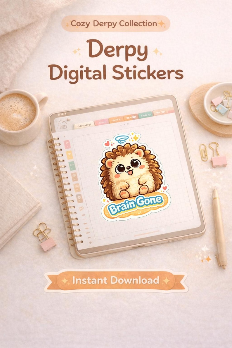 Derpy Hedgehog Digital Sticker PNG – “brain Gone” Cozy Kawaii Planner ...