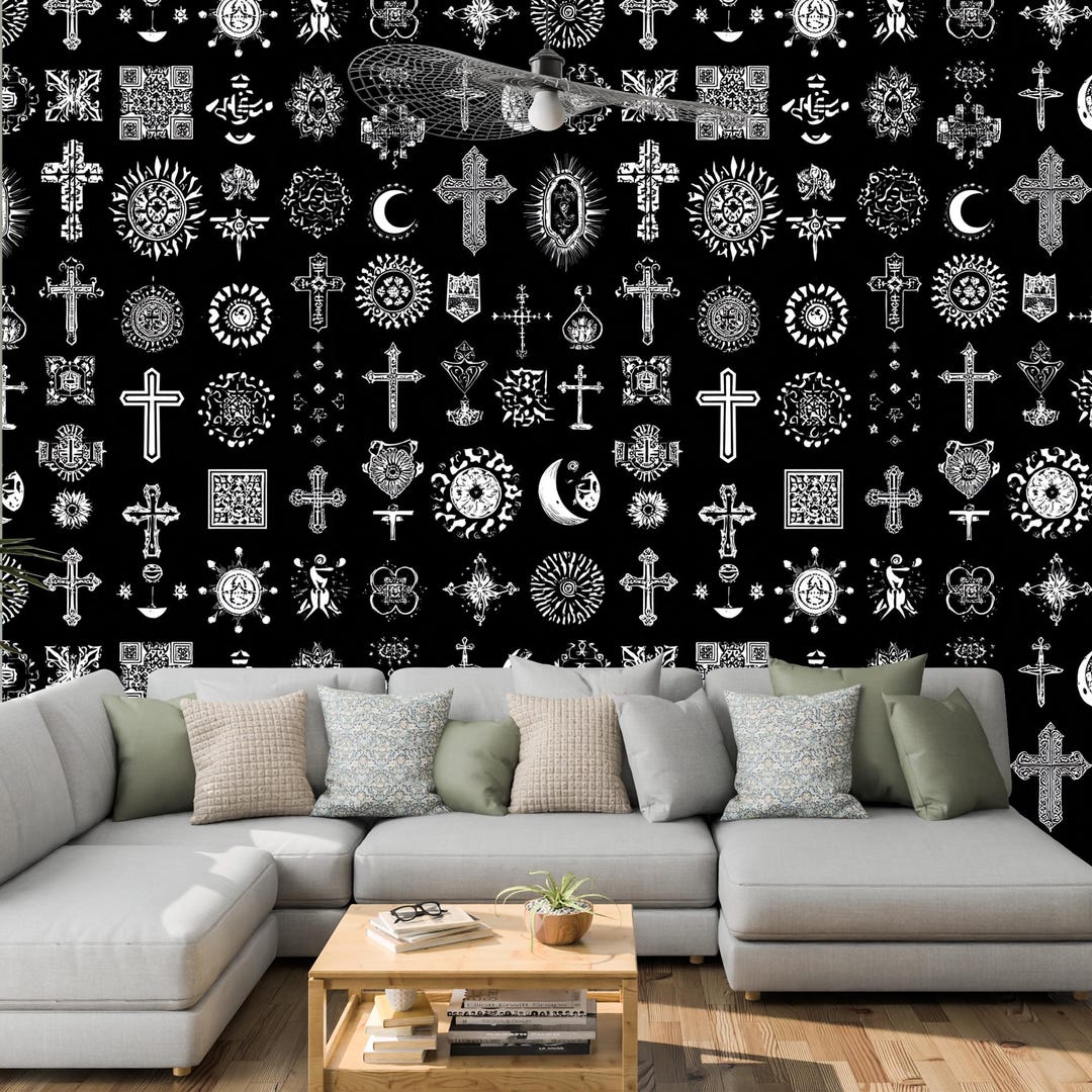 Black Gothic Wallpaper, Religious Symbol Pattern, Cross & Sacred Icons ...