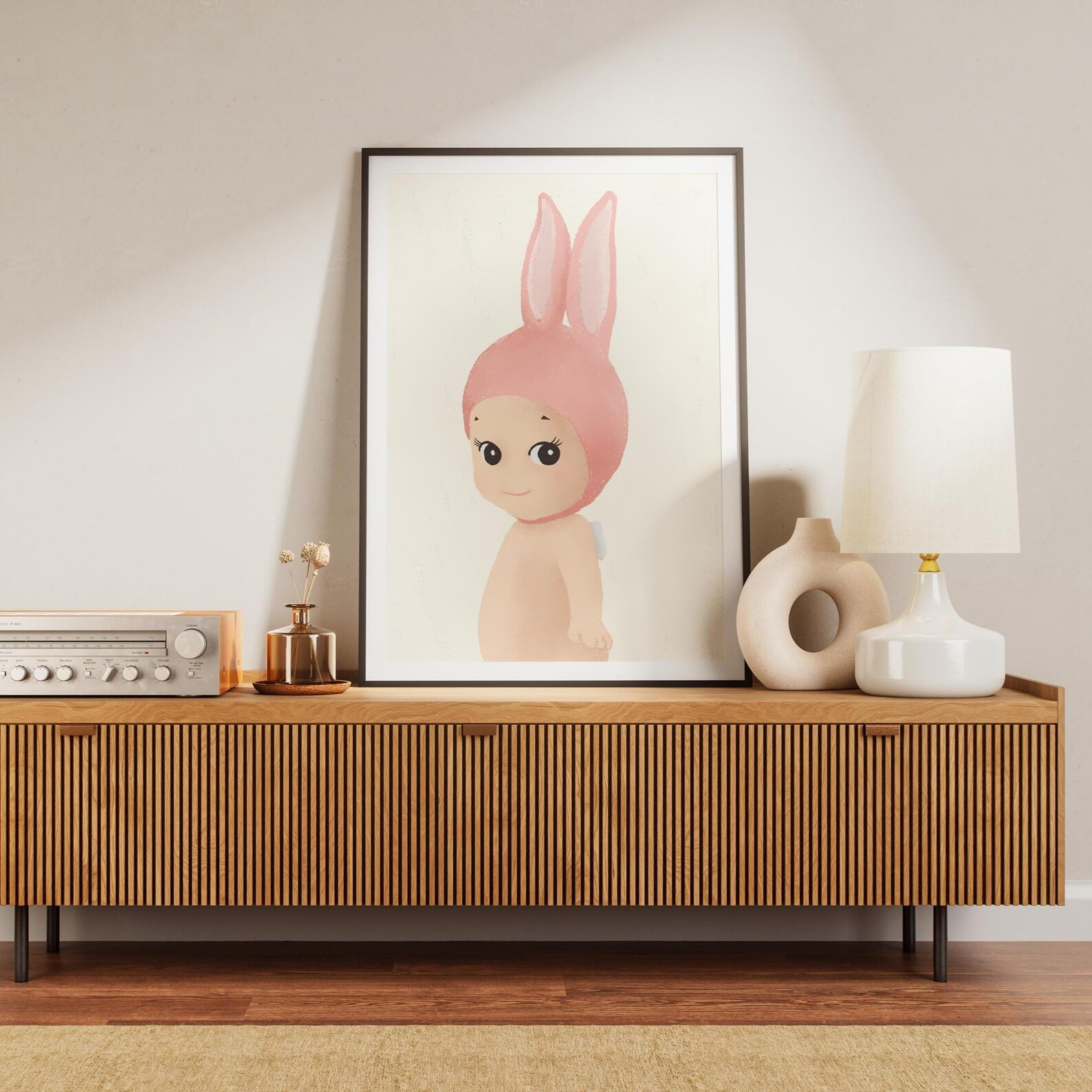 Pink Rabbit Sonny Angel Wall Art, Crayon Hand-made Rolled Poster, Bunny ...