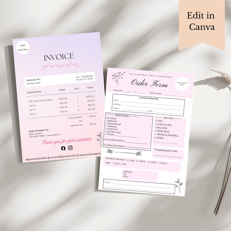 Florist Order Form & Invoice Template | Editable Canva Template for ...