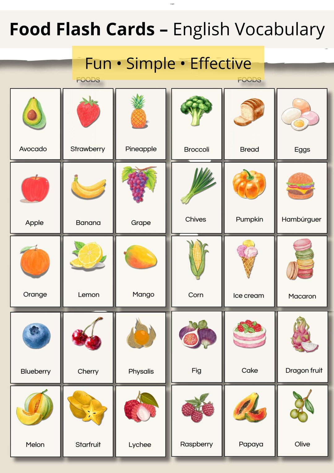 81 Food Flash Cards – Fun ESL Printable, English Vocabulary for Kids ...