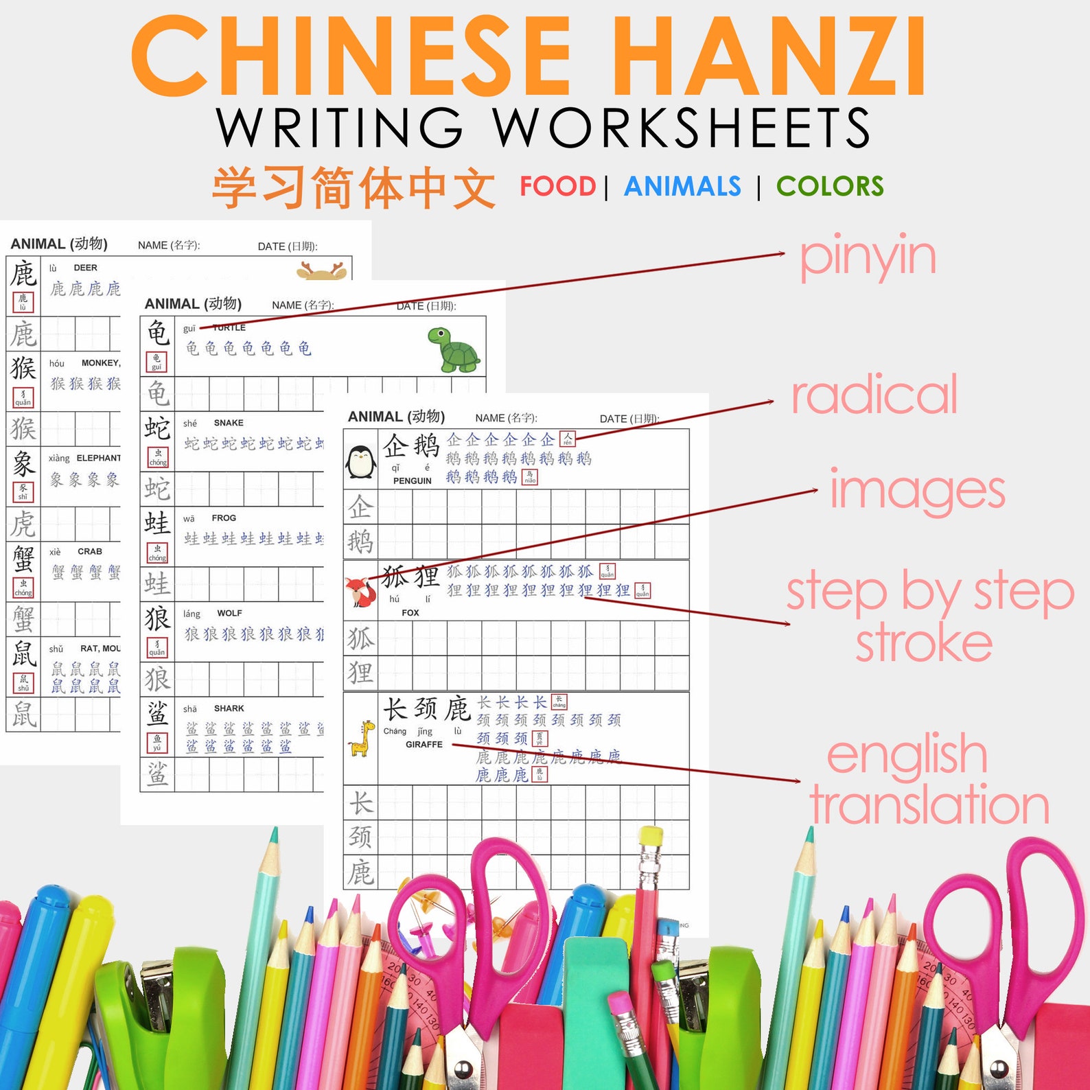 Chinese Hanzi Practice Worksheet with Complete Pinyin Step by | Etsy