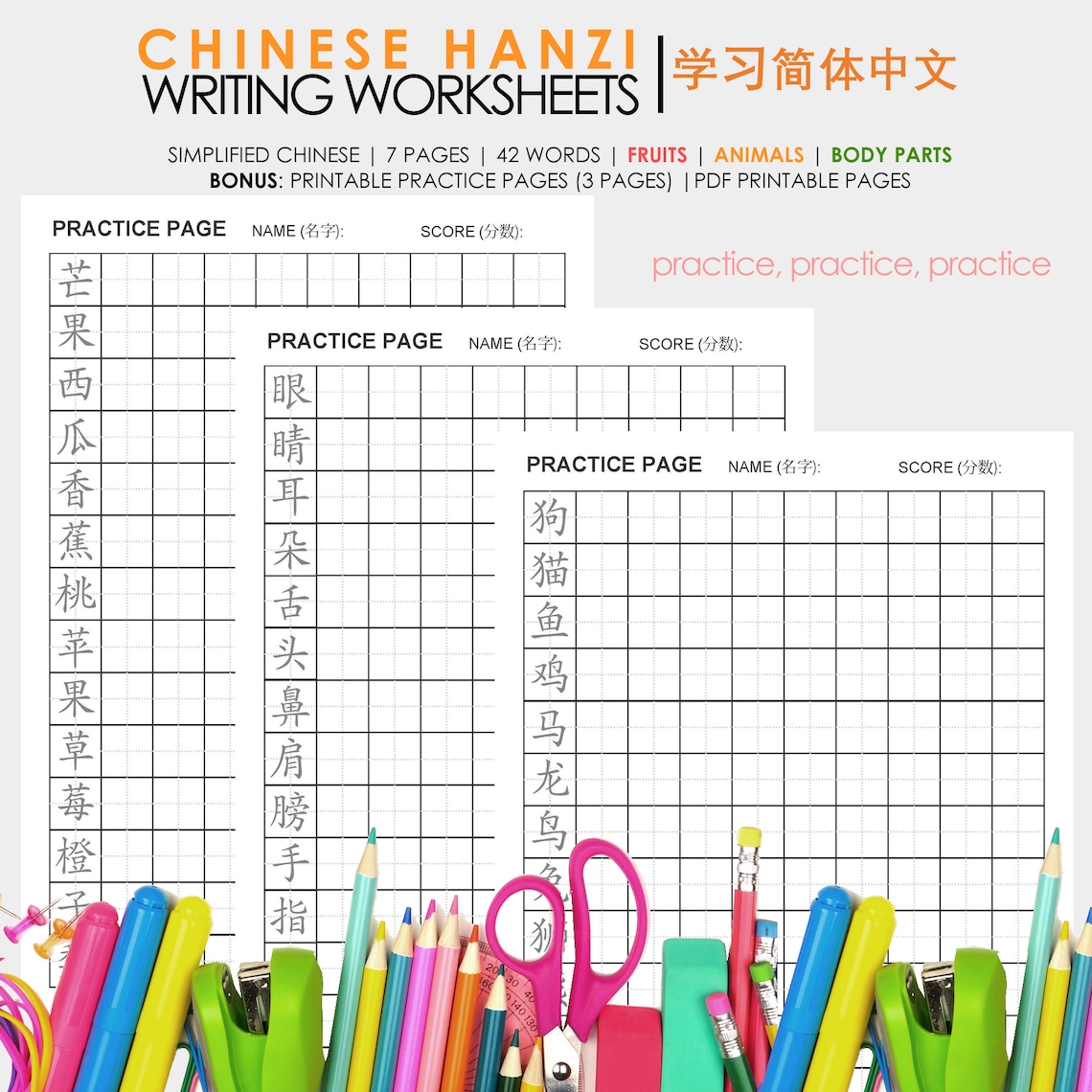 Chinese Hanzi Practice Worksheet With Complete Pinyin Step by | Etsy