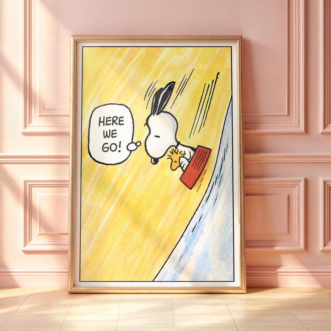 Snoopy Here We Go Wall Art, Cute Woodstock Sledding Poster, Fun Winter ...