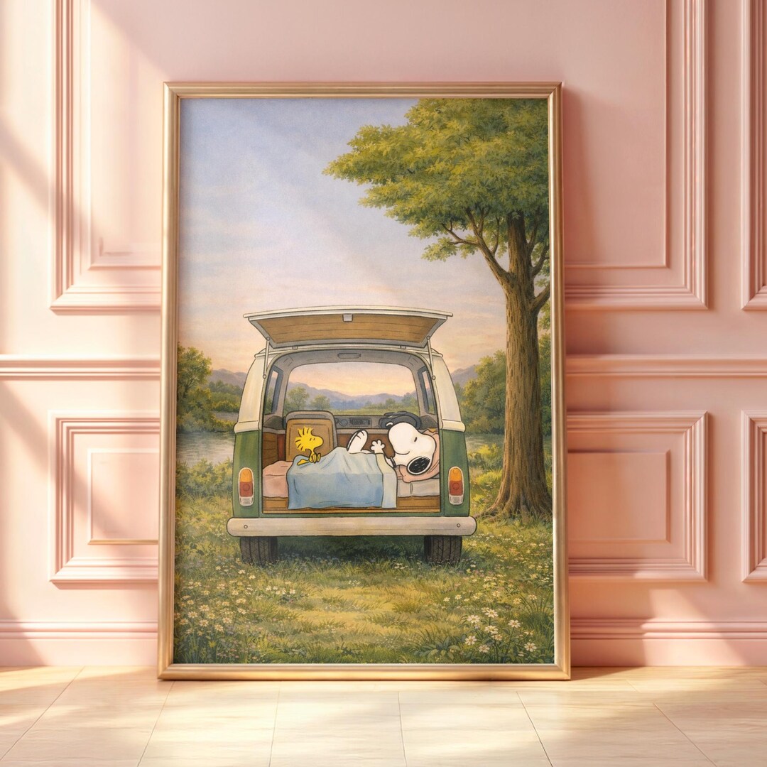 Snoopy Camper Van Poster, Cozy Road Trip Wall Art, Snoopy & Woodstock ...