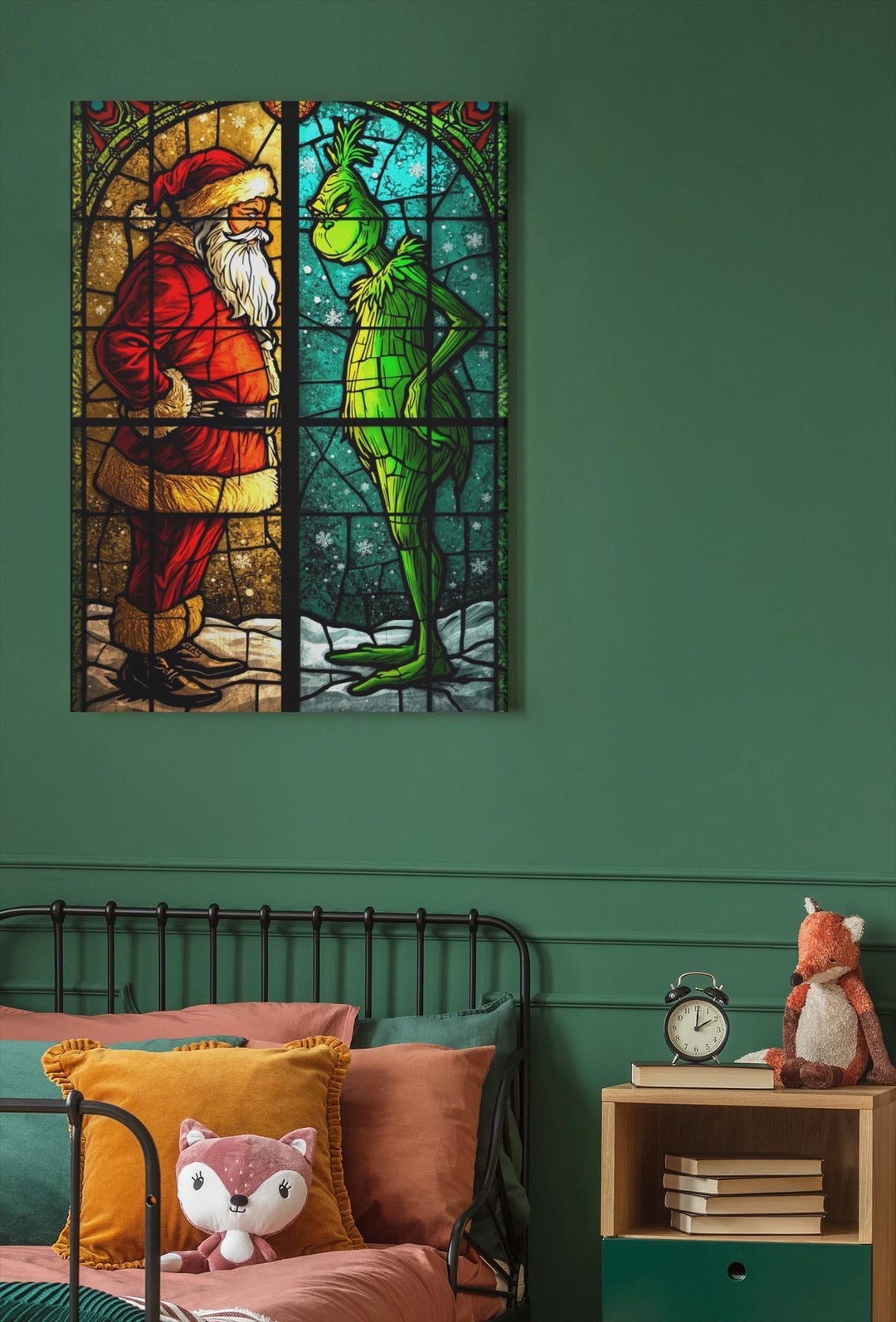 Wall Art Stained Glass Santa Vs the Grinch Rolled Poster Colorful ...