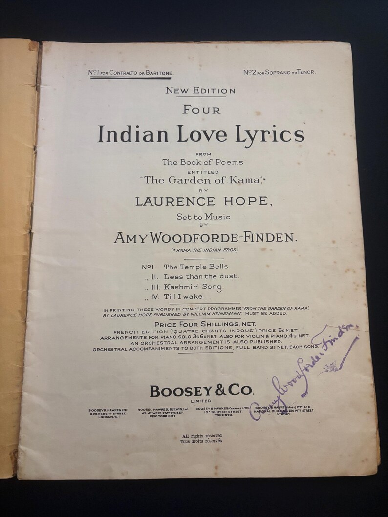 Four Indian Love Lyrics Amy Woodforde-finden - Edwardian Art Song ...
