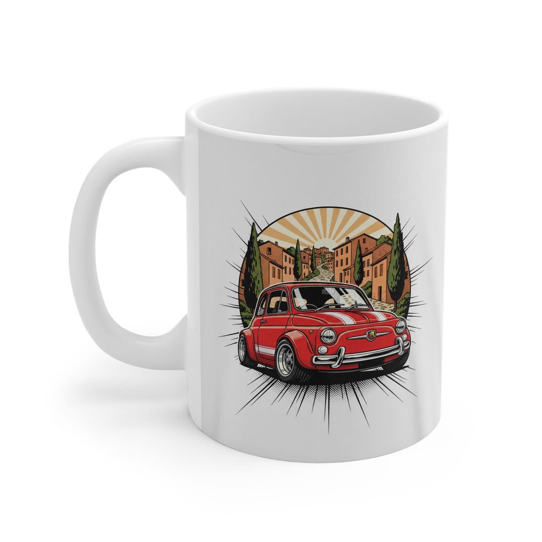 Red Vintage Fiat 500 Mug | Retro Italian Street Scene, Sunny Village ...