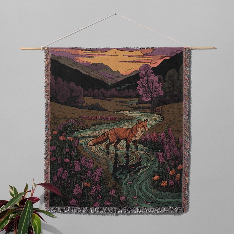 Cottagecore Fox Woven Blanket: Scenic Mountain Landscape Tapestry ...
