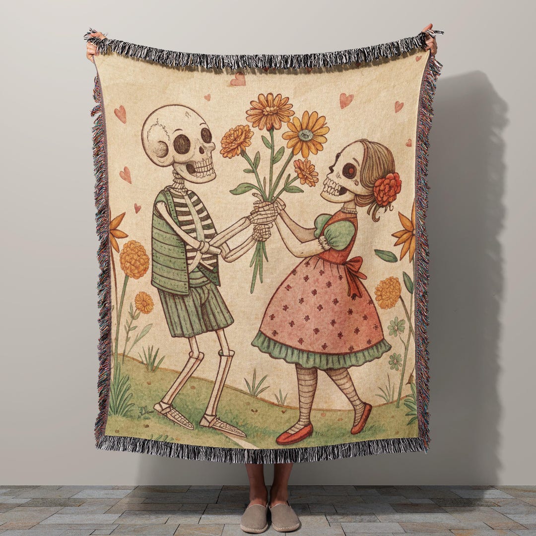 The Sweetheart's Offering Woven Blanket: Whimsical Skeleton Couple Art ...