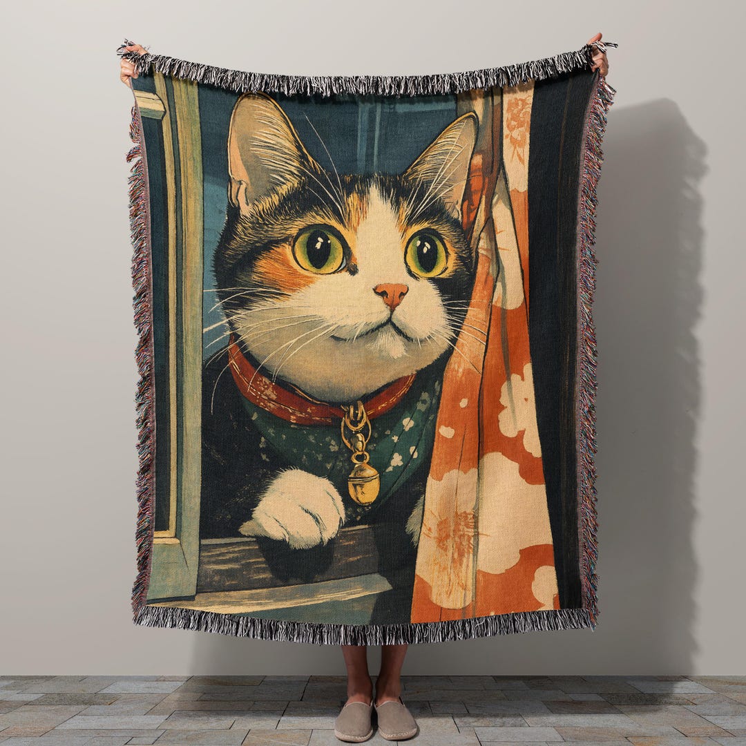 Japanese Calico Cat Window Woven Blanket: Traditional Feline Art, Zen ...