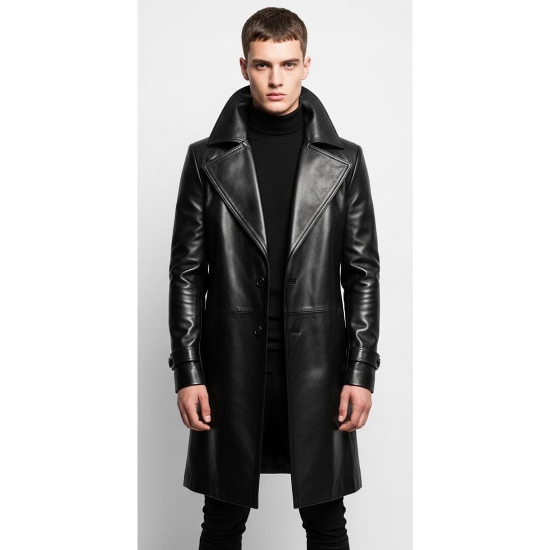 Handcrafted Men's Black Leather Duster With White Contrast Stitching ...
