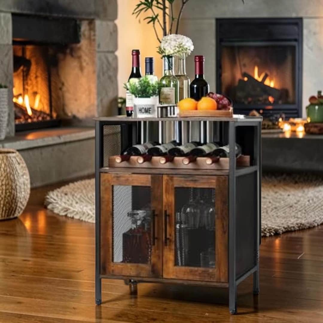 Rustic Wine Bar Cabinet Coffee Bar Storage Sideboard With Glass Holder ...