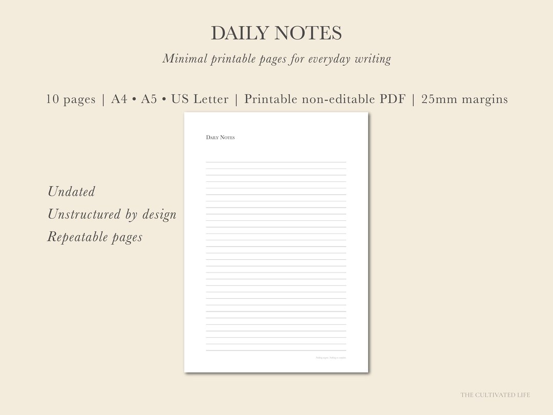 Daily Notes – Minimal Printable Pages for Everyday Writing (A4, A5, US ...