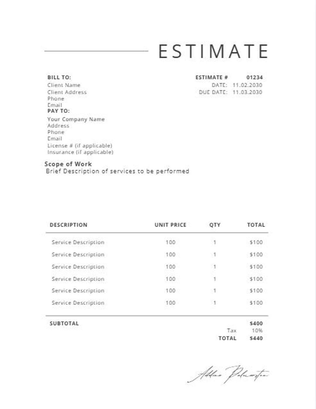Editable Estimate Invoice Template | Contractor & Service Business ...