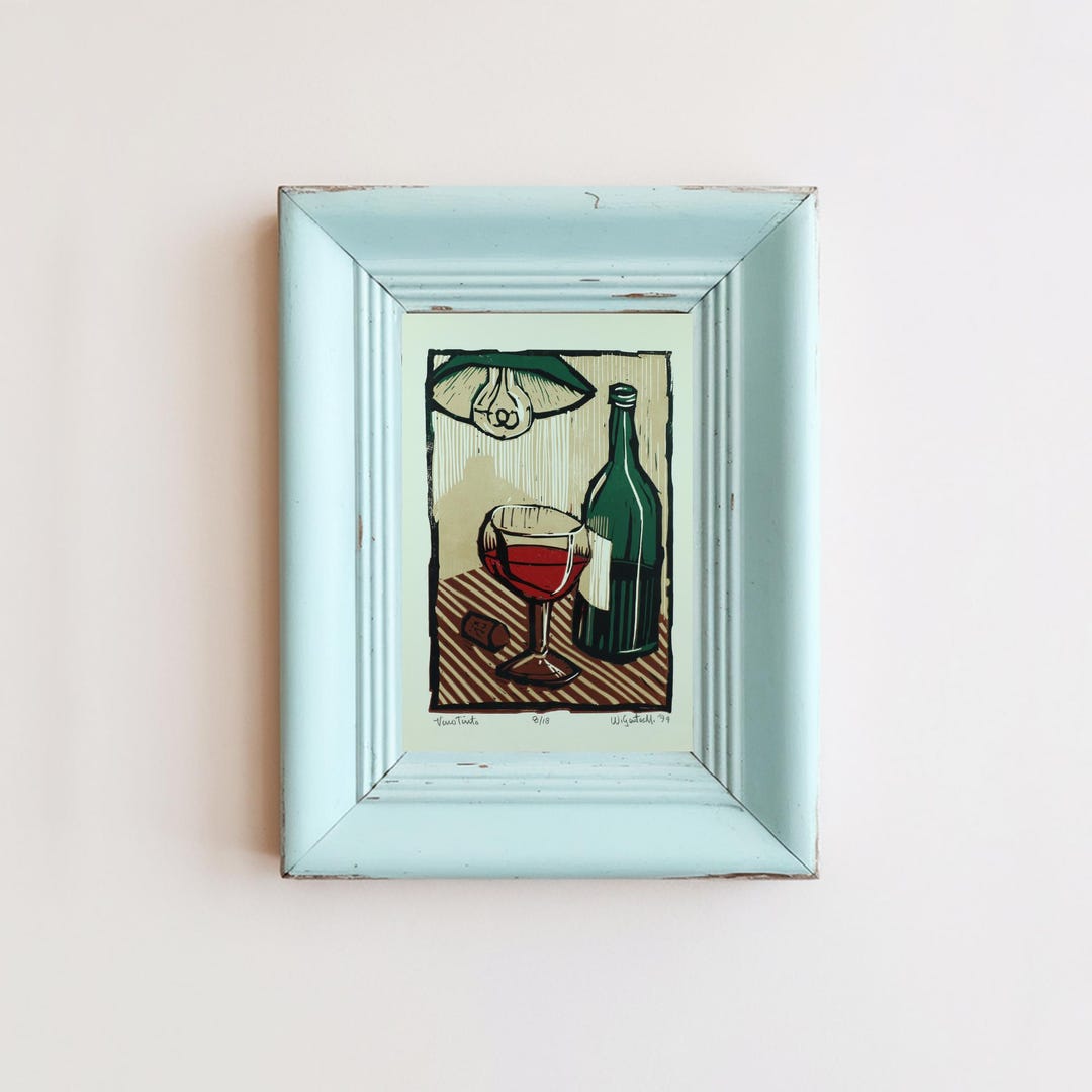 Red Wine Linocut Print | Vintage Kitchen Bar Cart Art (digital Download ...