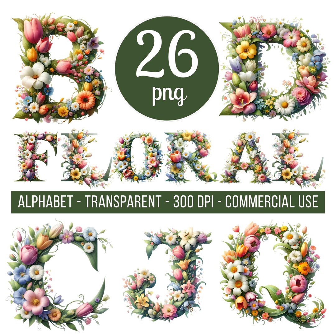 Floral Alphabet PNG Bundle, 26 Flower Capital Letters A-Z Bundle ...