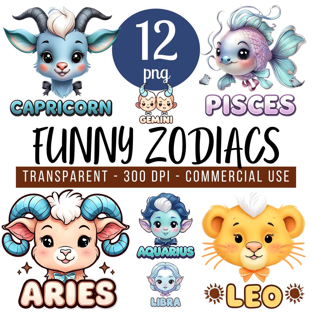 Funny Zodiac Clipart PNG Bundle of 12, Cute Horoscope Characters ...