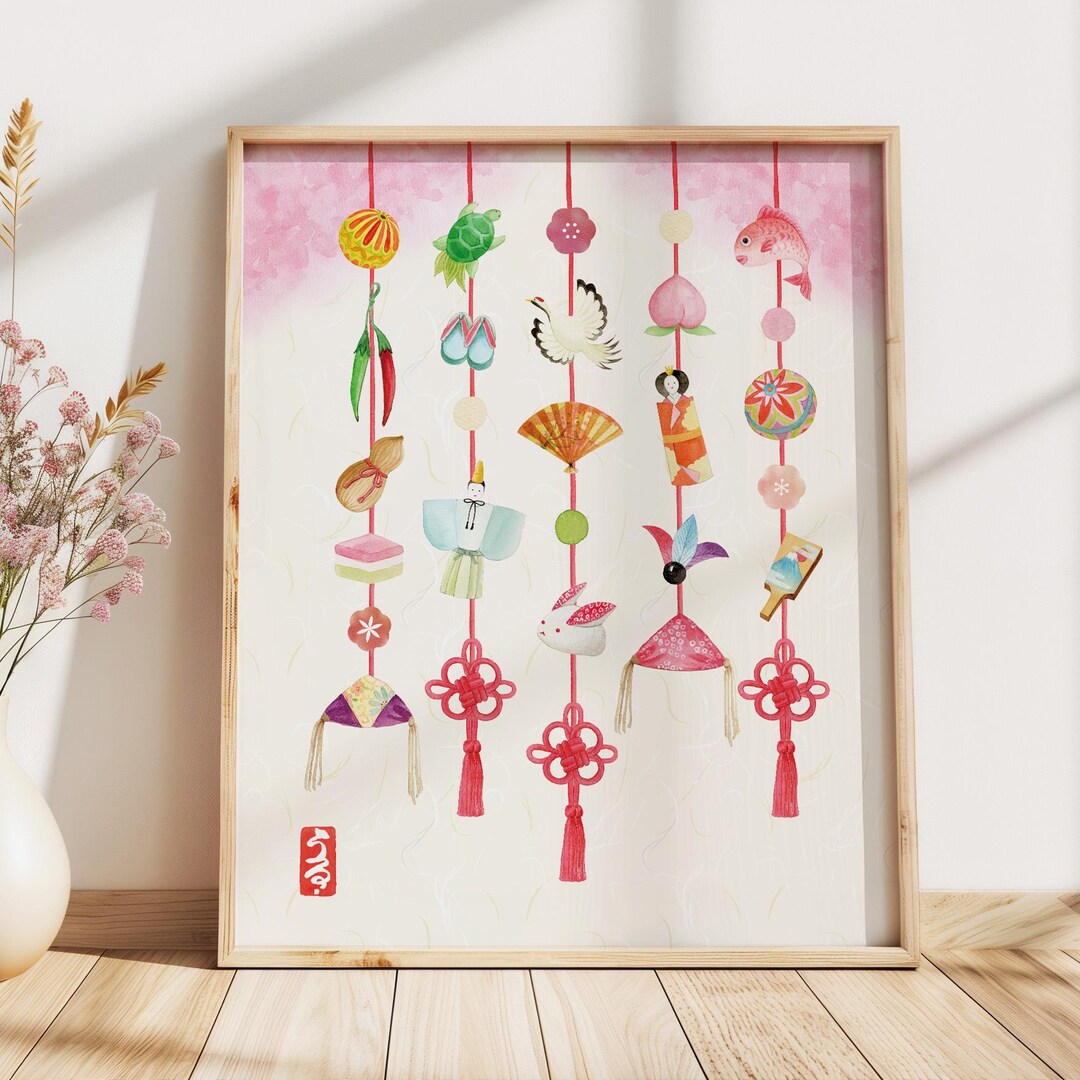 Japanese Tsurushi Hina Wall Art, Traditional Hinamatsuri Watercolor ...