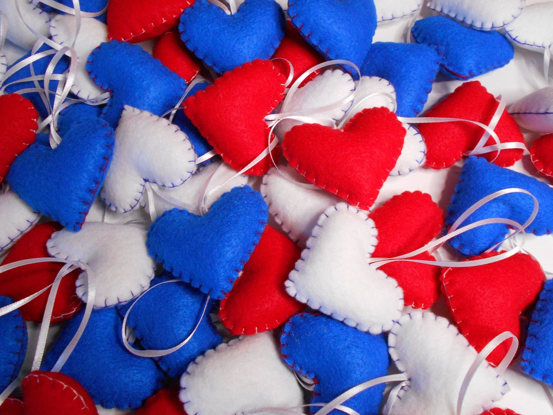 Patriotic Ornaments 10 Pc Set Red White Blue Heart Ornaments Puffy Felt ...