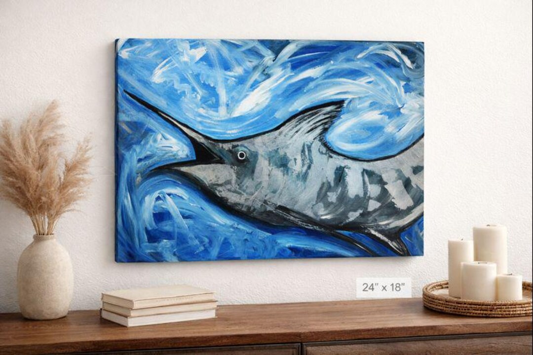 Into the Blue – Abstract Marlin Ocean Painting, Modern Coastal Wall Art ...