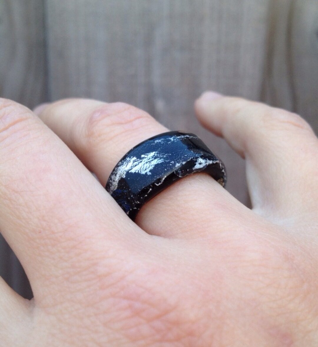 Glass Ring Lampwork Black Glass With Silver Foil. Handmade by Renske ...