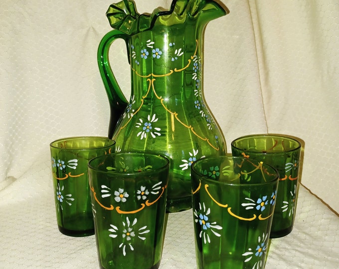 Victorian EAPG FLUTED Green GLASS Pitcher & Water Glass Set - Northwood ...