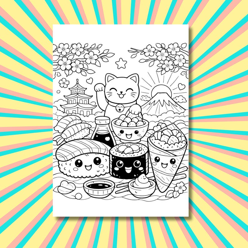 Kawaii Sushi Coloring Pages | 4 Japanese Food Printables (digital ...