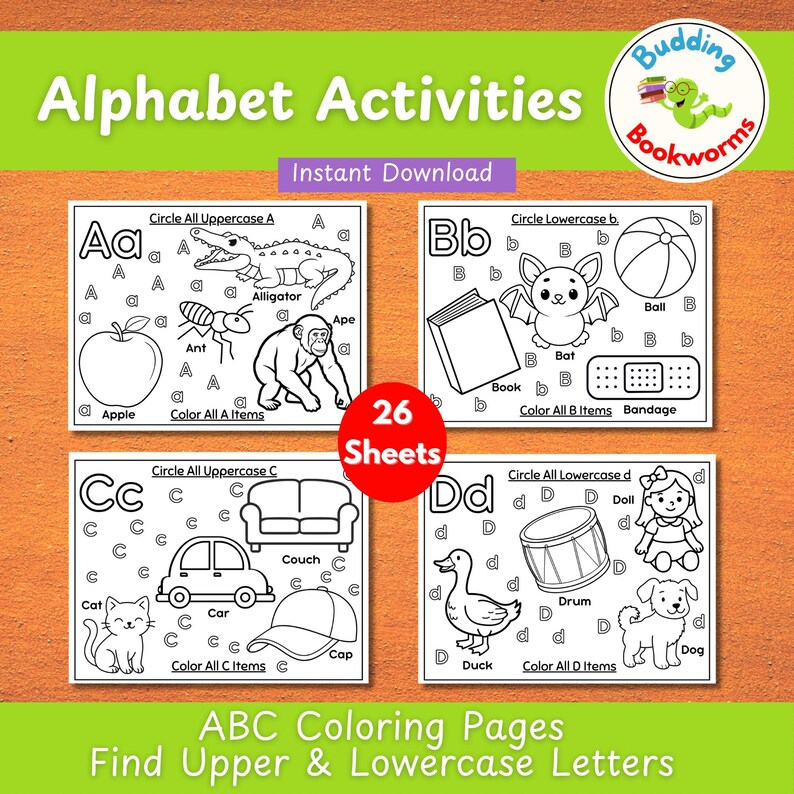 Alphabet Coloring Page for Kids Learn ABC Uppercase Lowercase Worksheet ...