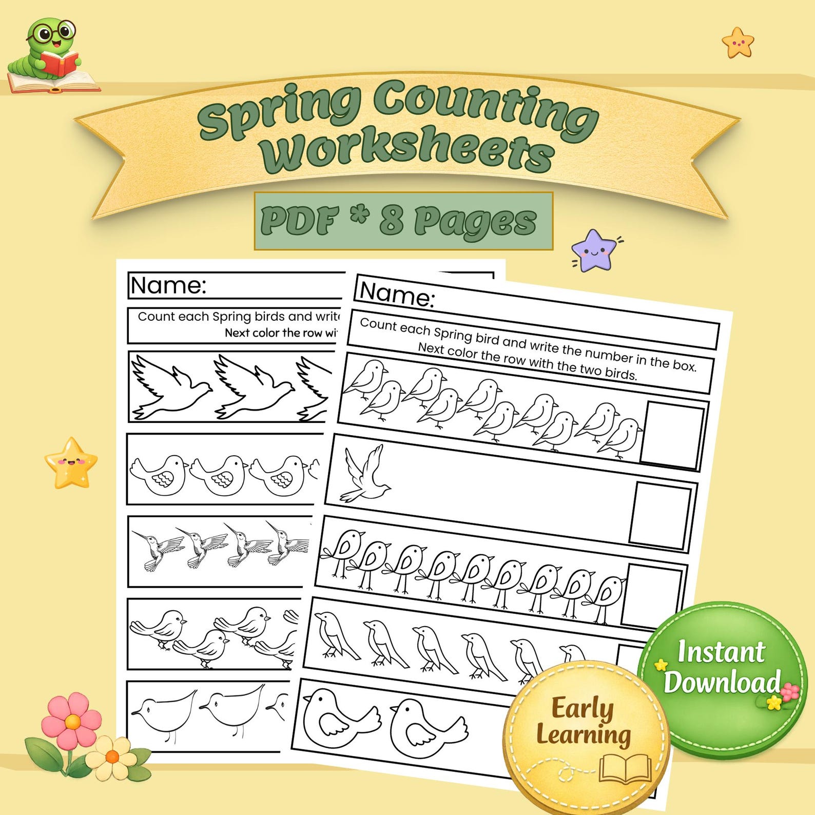 Spring Counting Worksheet Kid Count & Color Math Printable Preschool ...