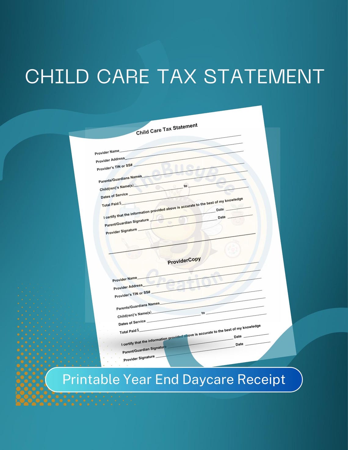 Daycare Tax Receipt | Childcare End of Year Statement (PDF Download) - Etsy