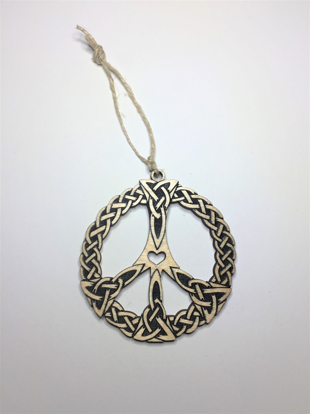 Peace Sign Celtic Knot Wood Ornament With a Tiny HEART - Etsy